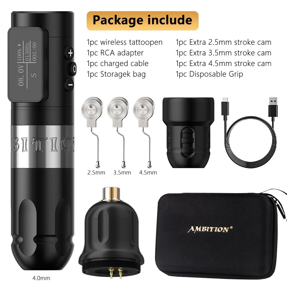 Беспроводная тату-машинка Ambition Vibe, ход 2.5-4.5 мм, 1800 мАч 3.5mm Silver 1
