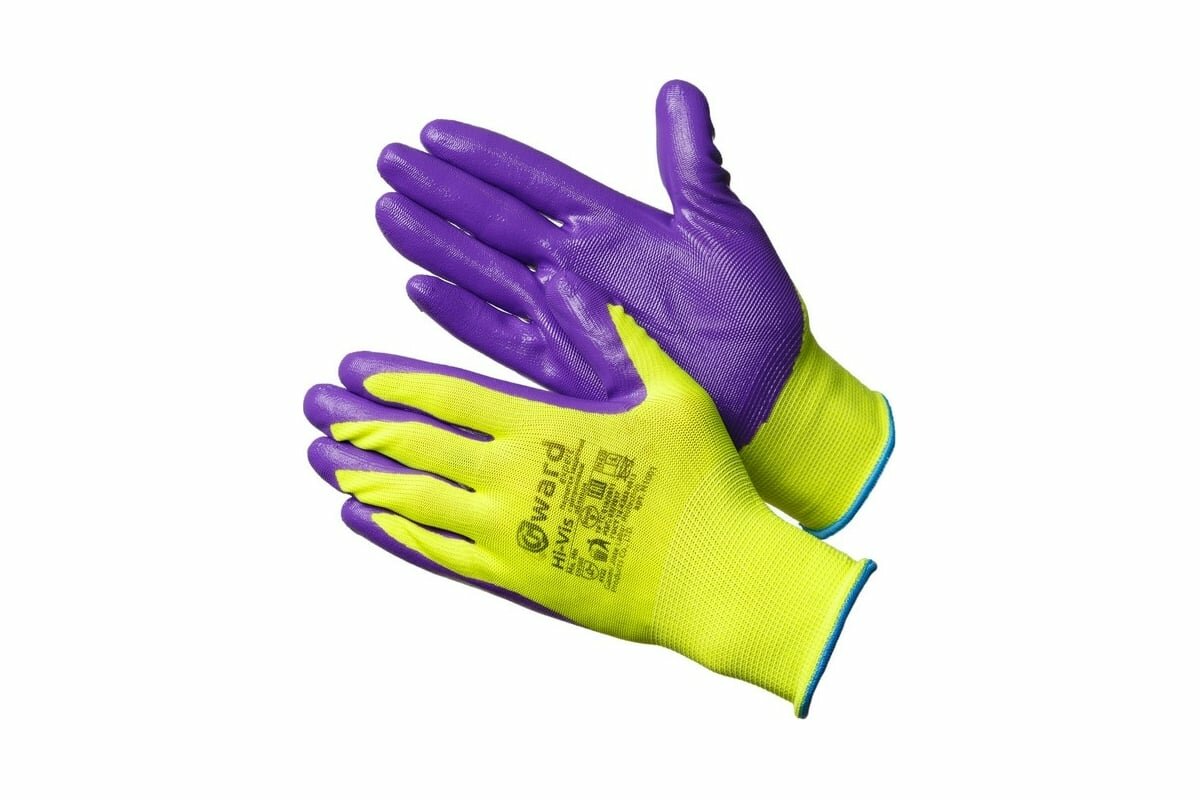Перчатки для механических работ GWARD Hi‑Vis размер 10/XL N1001XL с нитриловым покрытием, зелёные/фиолетовые, 12 пар, универсальные, маслобензостойкие, антискользящие, многократного использования.