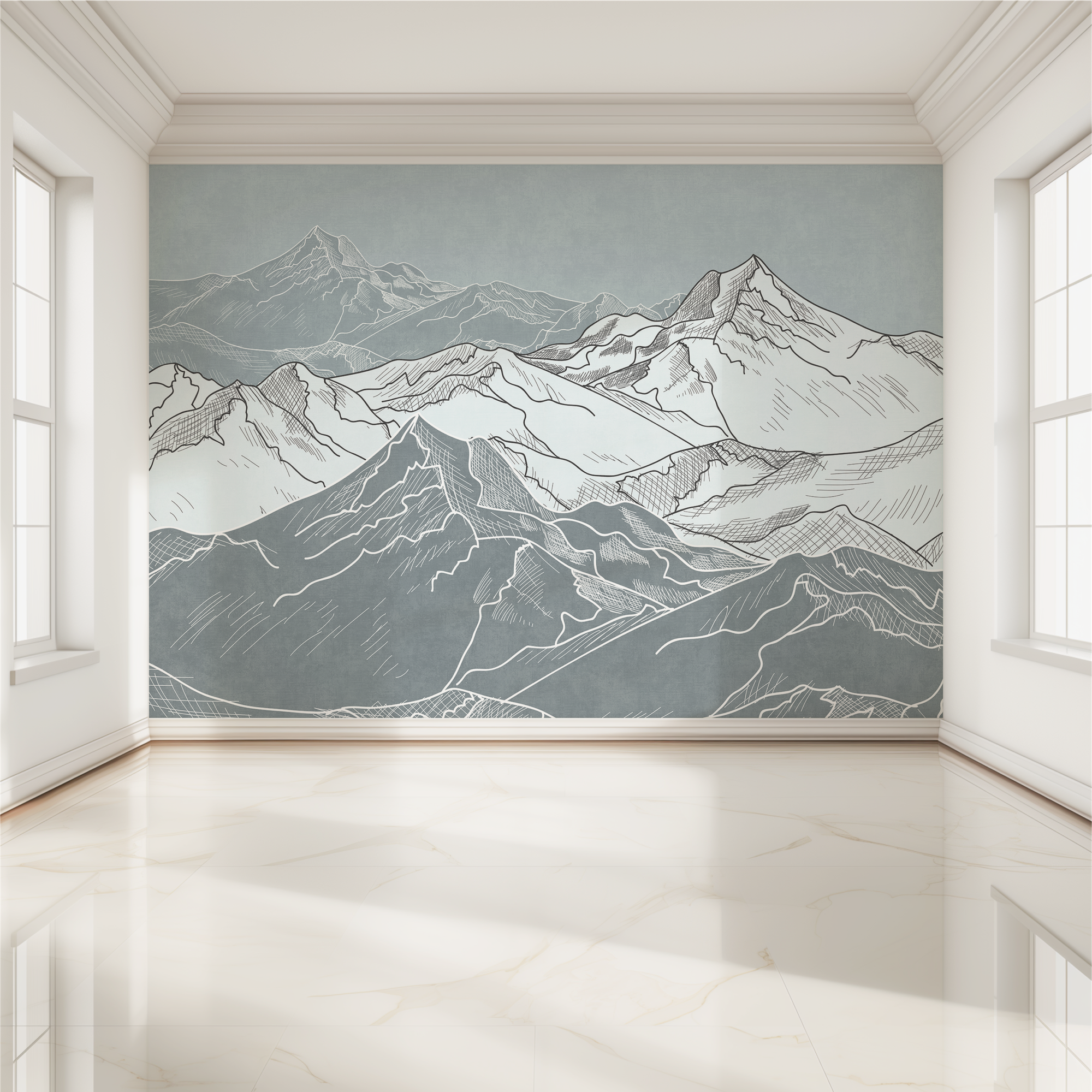 Фотообои 3д на стену "Графичные горы (голубые)", флизелиновые 400х270 см на кухню, спальню, зал