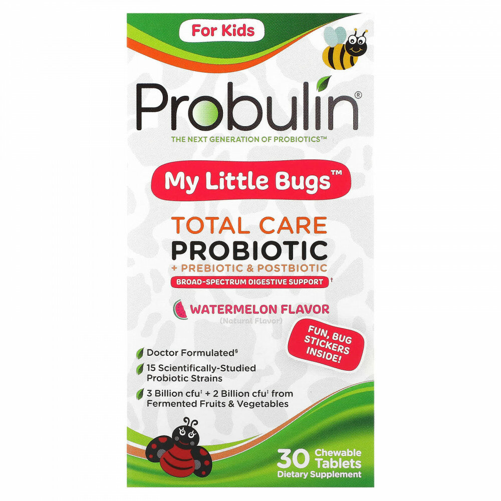 Probulin, My Little Bugs™, Total Care, пробиотик, пребиотик и постбиотик для детей, со вкусом арбуза, 30 жевательных таблеток