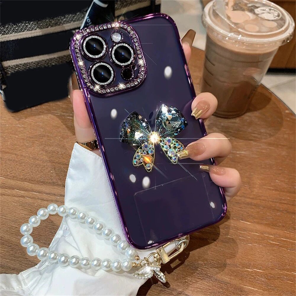 Роскошный чехол для iPhone с бантиком и цепочкой, purple