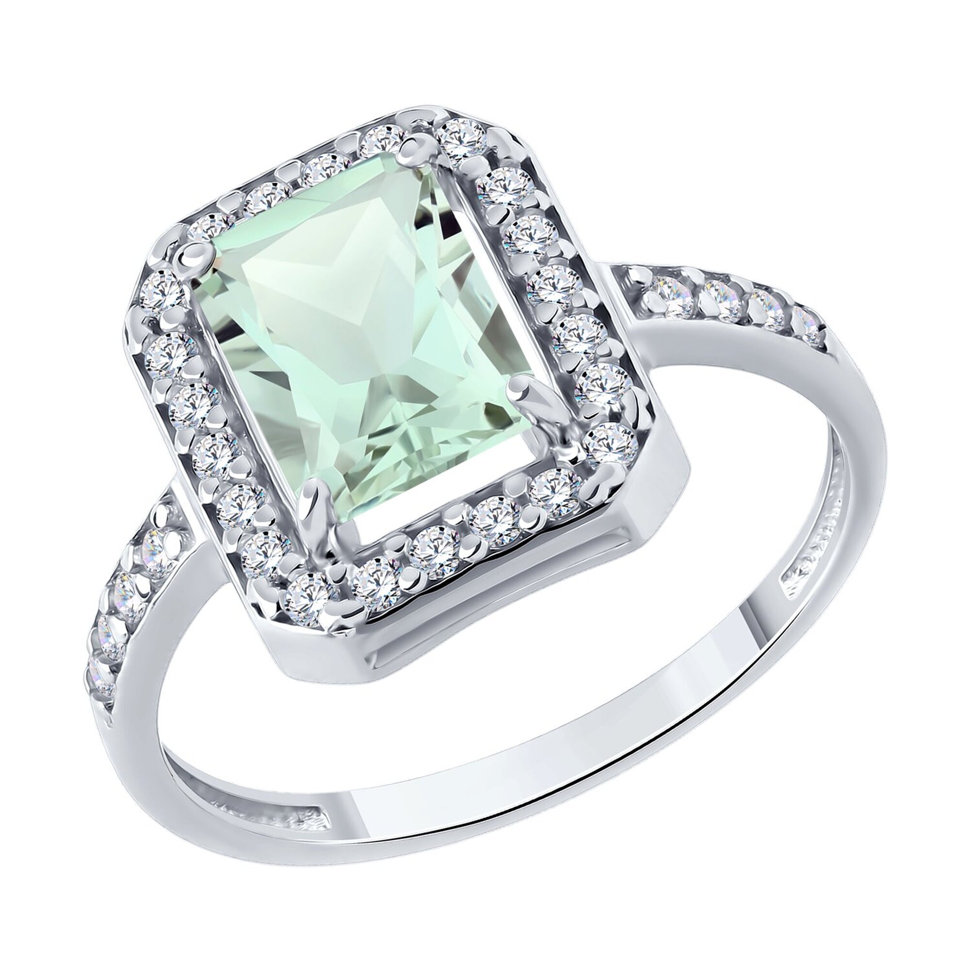 Кольцо, серебро, 925 проба, родирование, фианит, празиолит