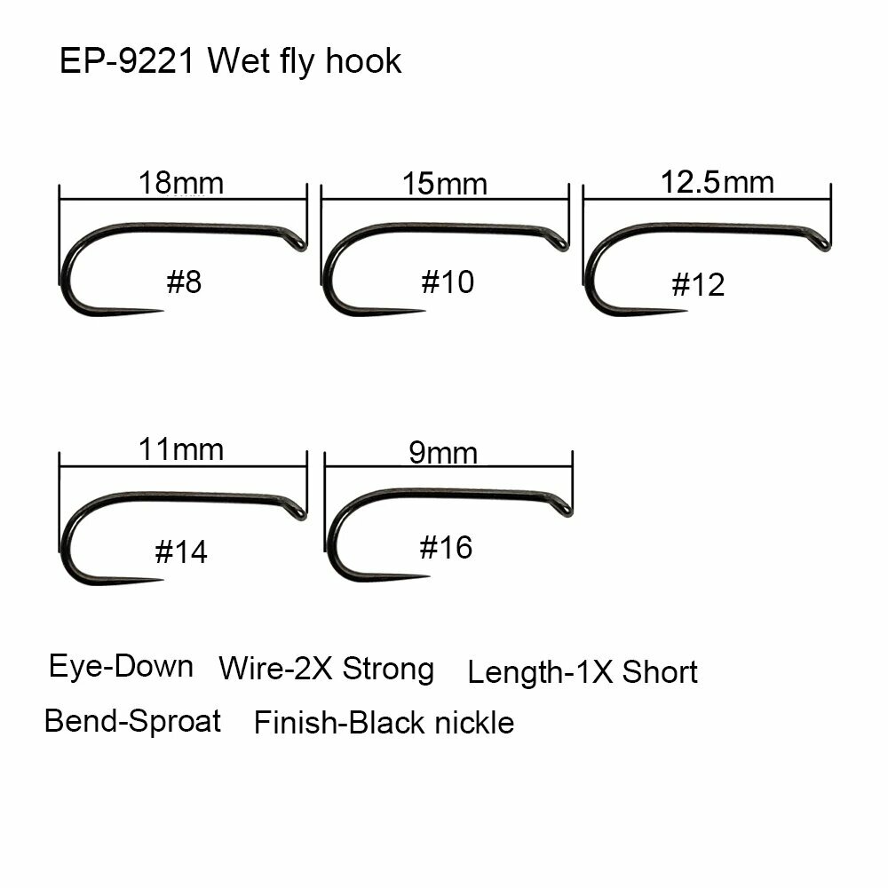 Крючки для нахлыста EP-9221 Wet fly, #8-#16, Белый, 2X Strong