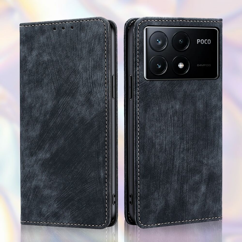Чехол-книжка подходит на Poco X6 Pro 5G/ чехол кожи для Ксиаоми Поко Х6 Про 5 Джи, Сяоми Поко Икс 6 Про 5Г, Новый, женский мужской, противоударный, подставка, черный