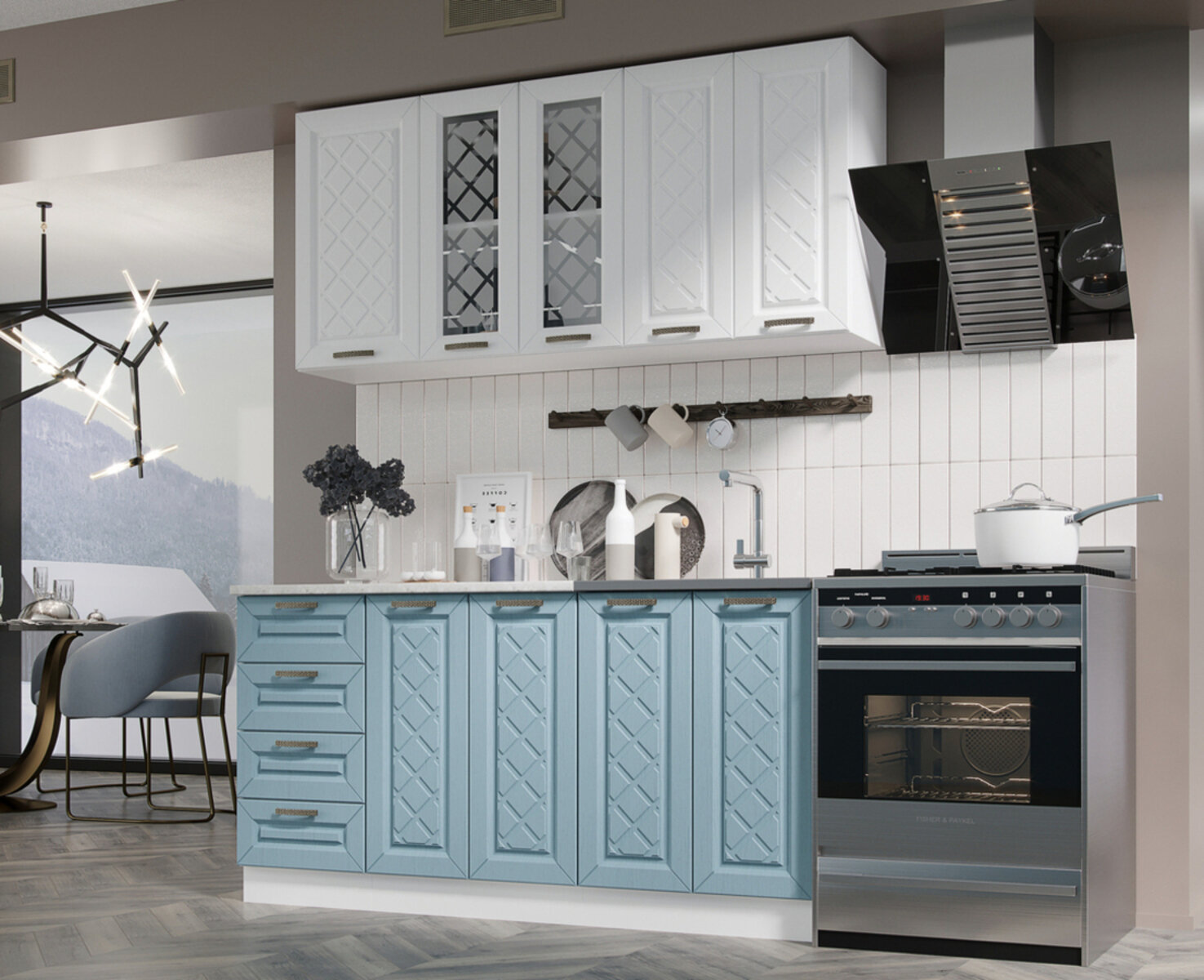 Кухонный гарнитур, кухня, готовый комплект Агава 1,5 м Акация белая/Аква со столешницей под врезную мойку