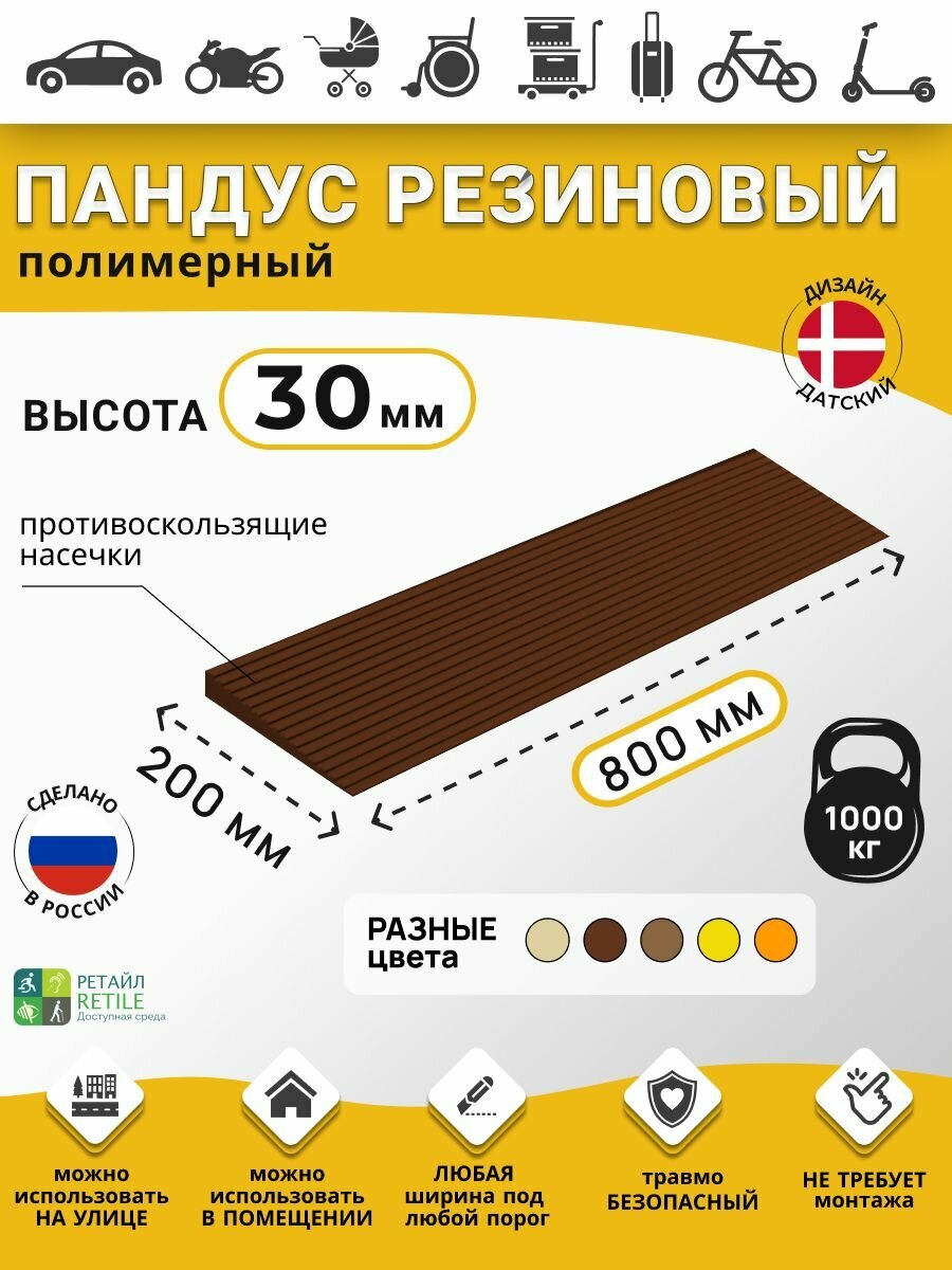 Пандус резиновый рубеж для порогов высотой 3 см (30х800х200 мм), темно-коричневый, для колясок, склада и автомобилей