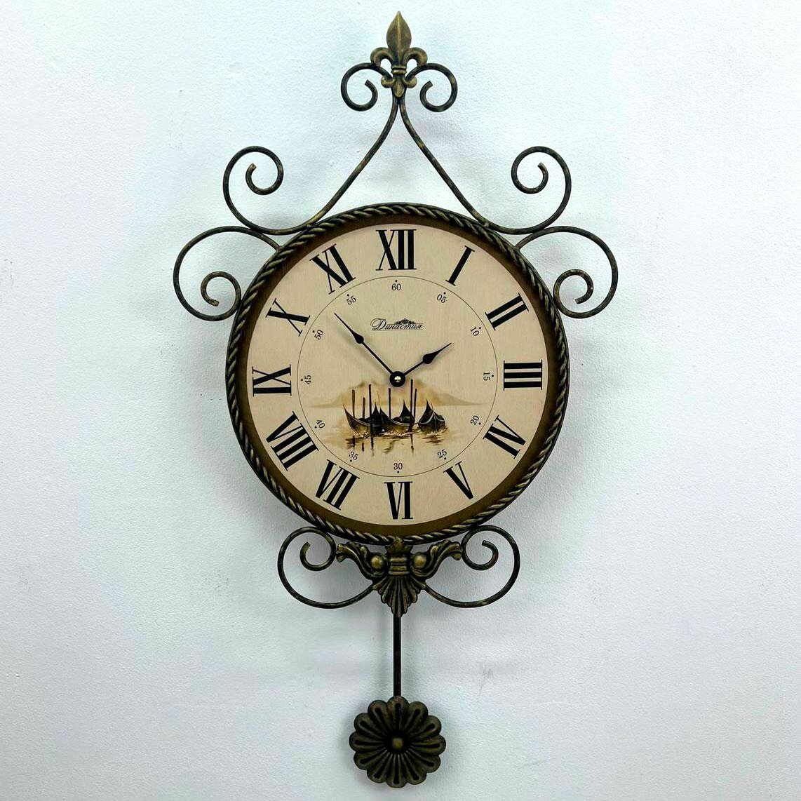 Часы настенные кованные с маятником Династия 11-015-2 Черный с патиной, механизм Германия, 80*43*6 см