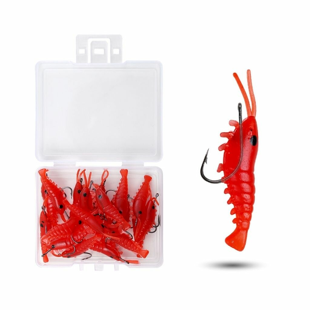 Приманка Луя, Мягкие креветки 3 см с крючком, красные, 1 набор 20 штук