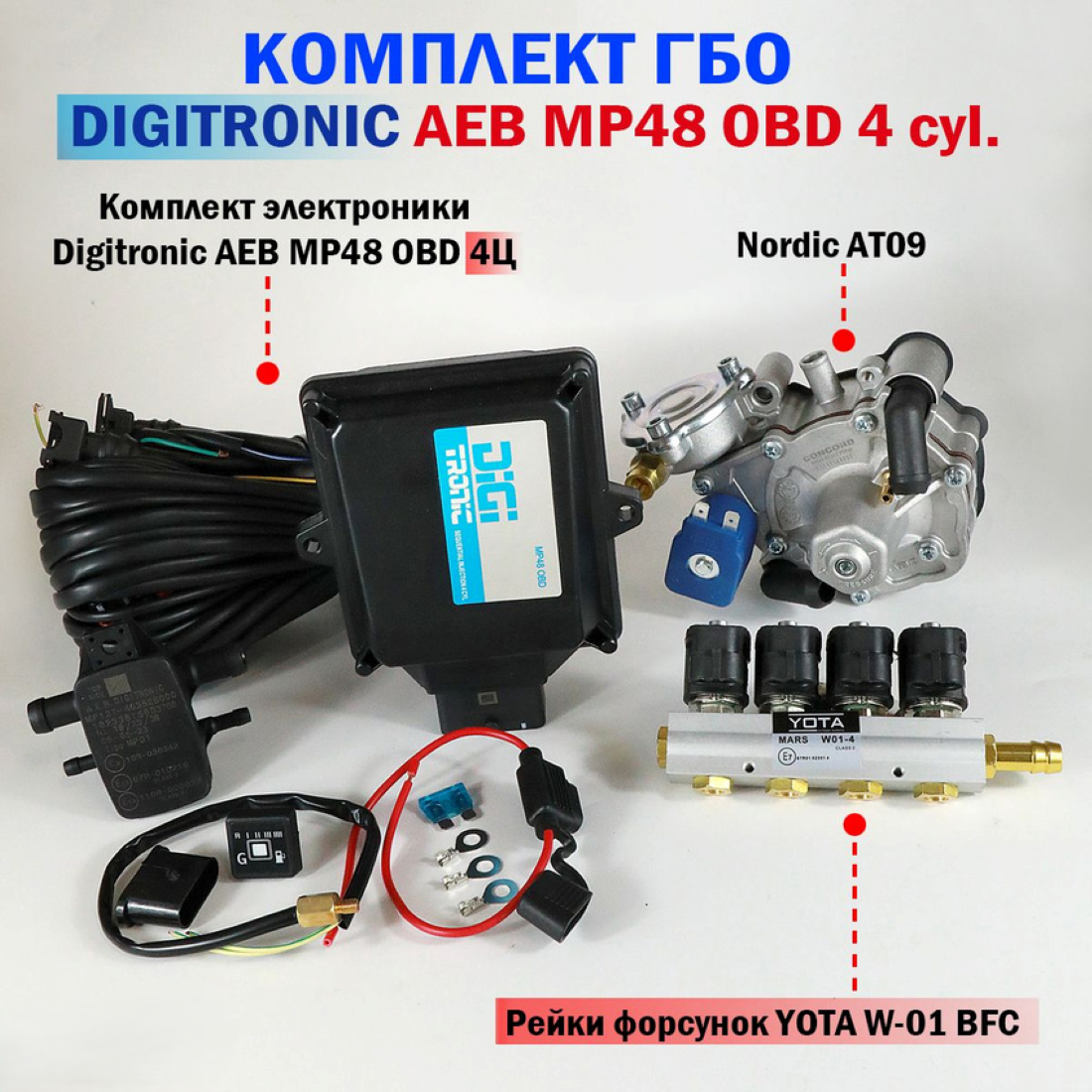 Комплект ГБО (4 цилиндра): AEB MP48 OBD, Nordic AT09, W-01