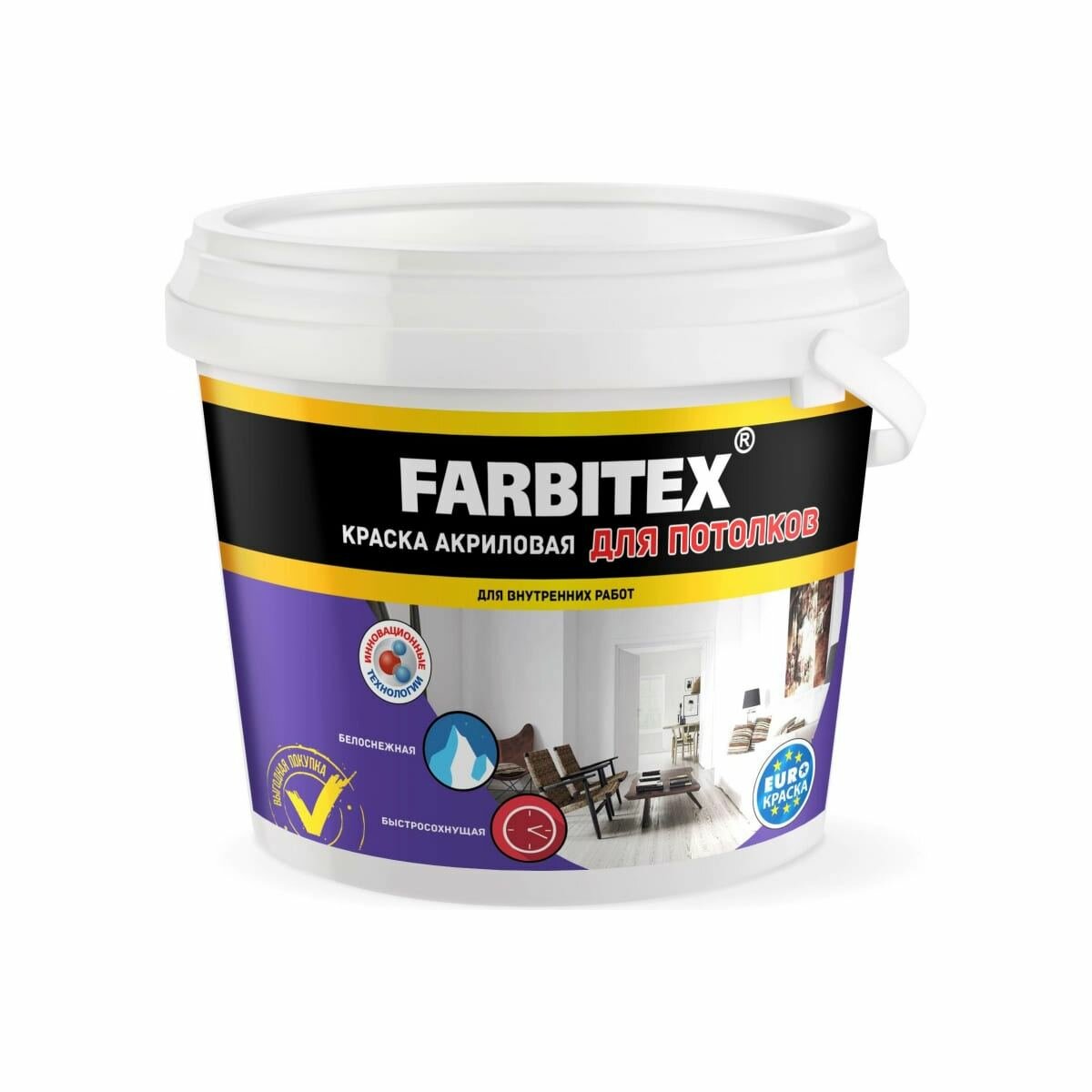 Краска Farbitex, для потолков, акриловая, белая, матовая, 3 кг