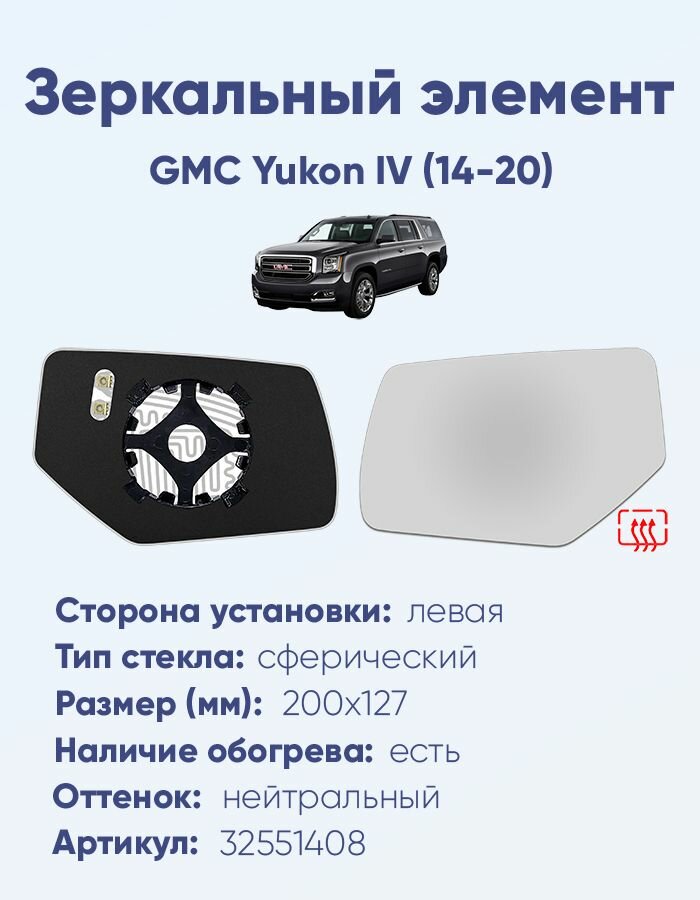 Зеркальный элемент левый GMC Yukon IV (14-20) сфера нейтральный с обогревом