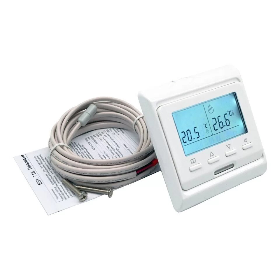 Терморегулятор HVAC E 51 программируемый с датчиками воздуха и пола, белый