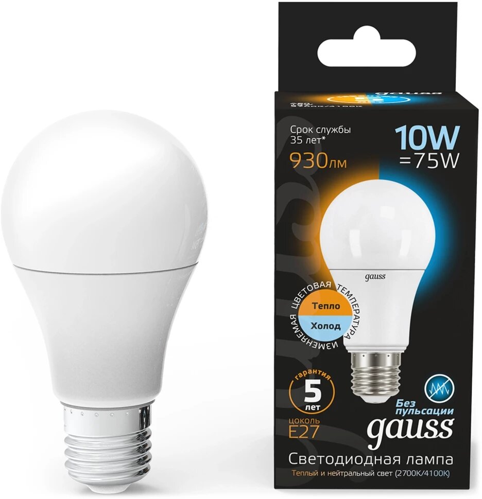 Лампа светодиодная Gauss A60 10Вт цок: E27 груша 220B св. свеч. бел. теп. (упак:10шт) (102502110-T)