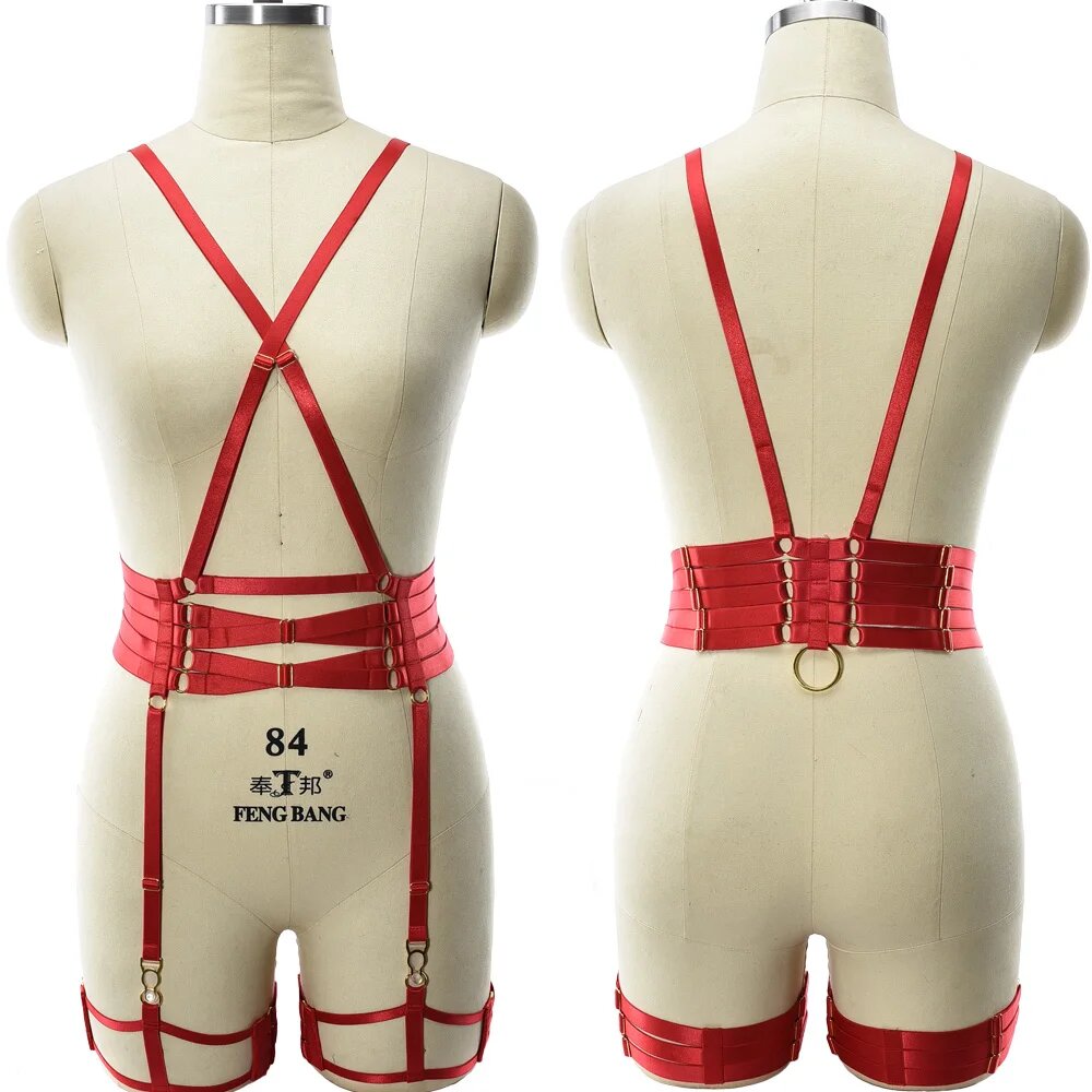 Красный боди на бретельках, женский сексуальный бондажный комплект нижнего белья, готические чулки, подвязки, регулируемый бюстгальтер в клетку, эластичная портупея для тела