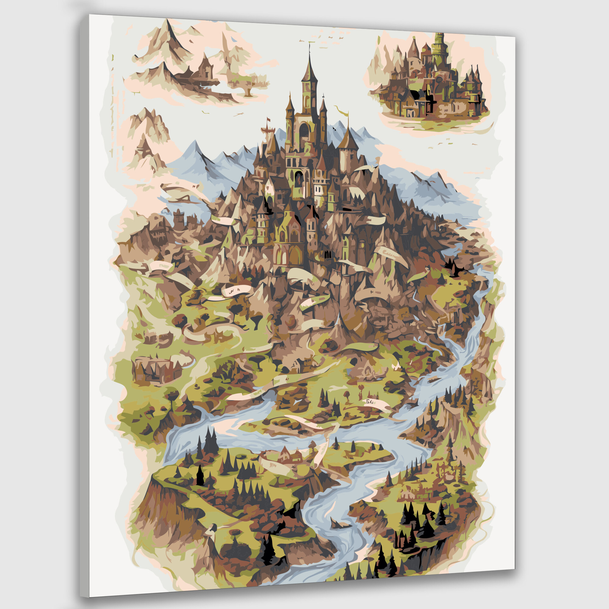 Картина по номерам 40x50 см, картина, рисунок, перо, тушь, сказочная карта, мифическая страна, деревушки, горы, чудо