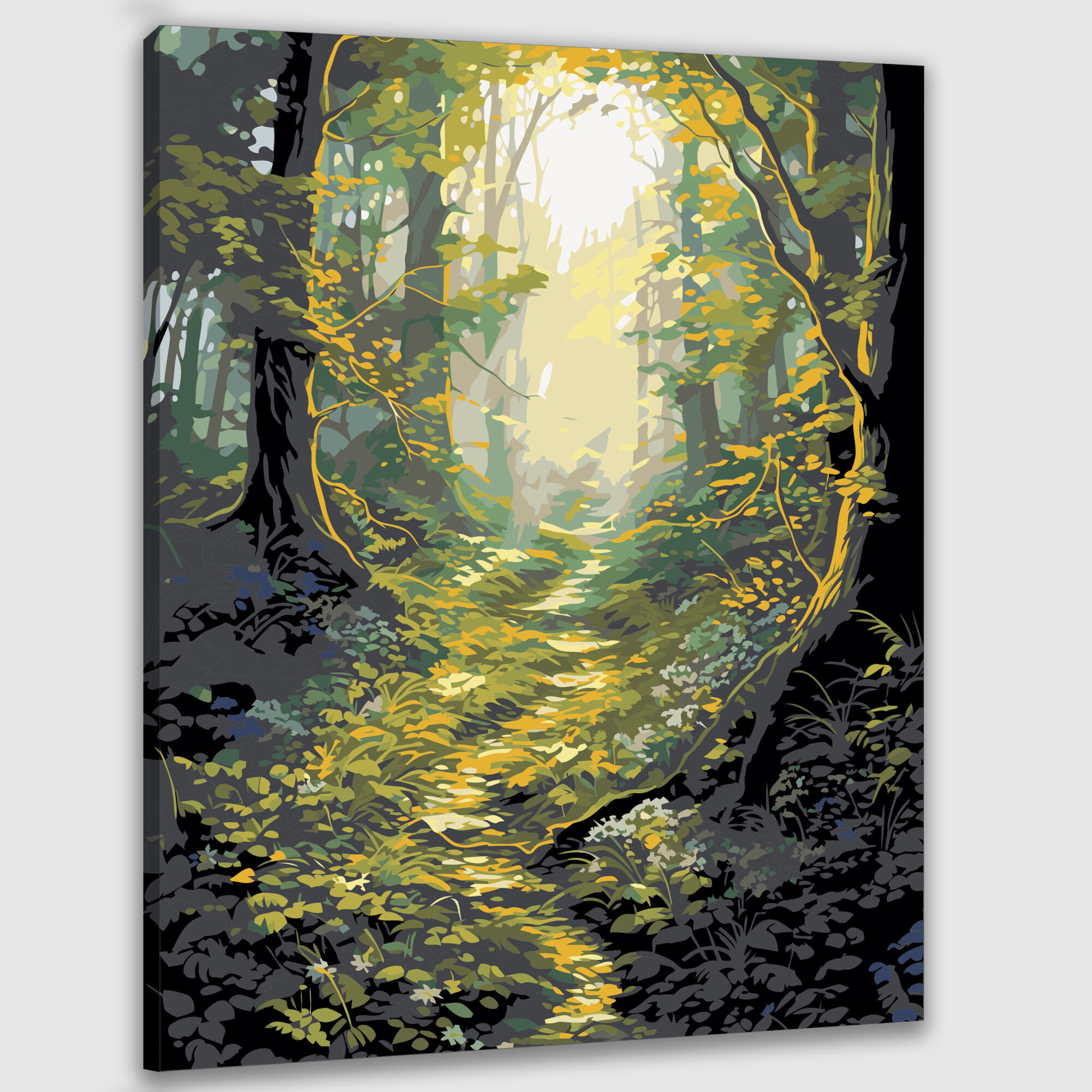 Картина по номерам 40x50 см, акриловая картина, яркая, солнце, лес, золотистый свет, зеленая листва, путь радости