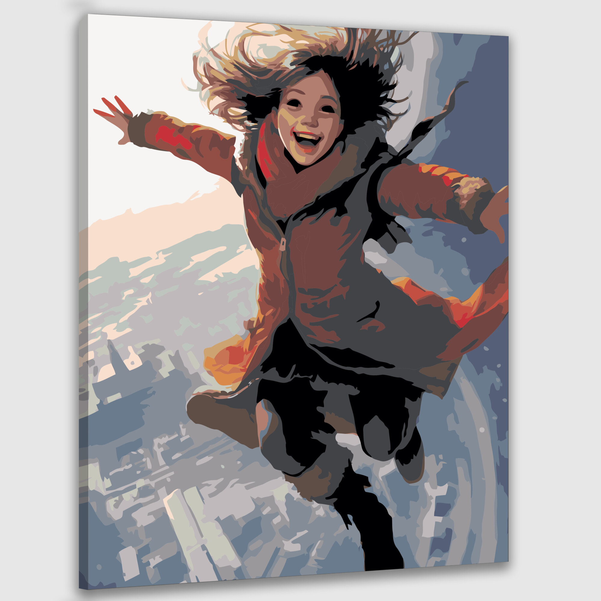 Картина по номерам 40x50 см, фотография, девушка, прыжок, руки, улыбка, радость, возбуждение, лицо, волосы, воздух