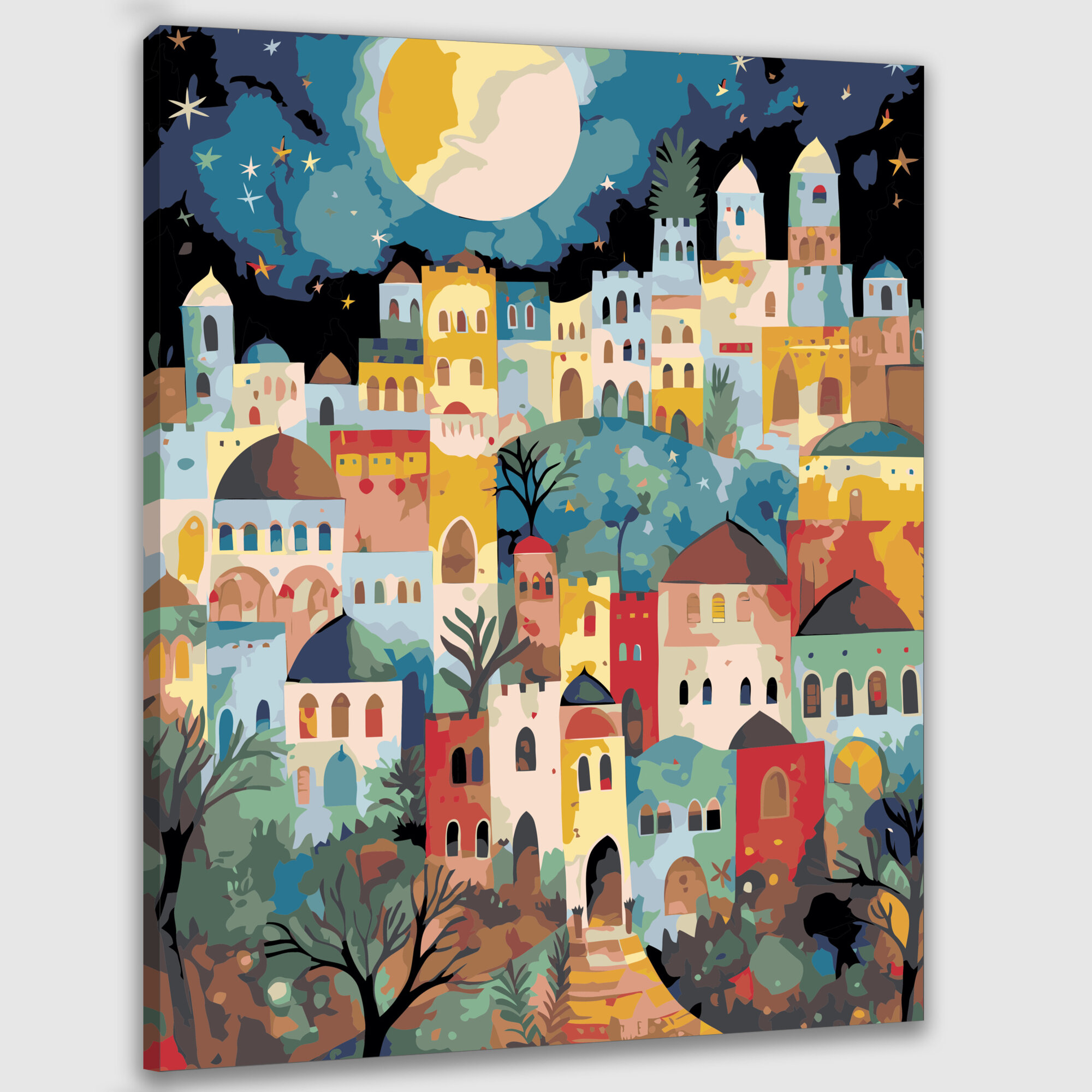 Картина по номерам 40x50 см, акварель, иллюстрация, деревня, бохо стиль, дома, фрески, мозаика, фонари, жители