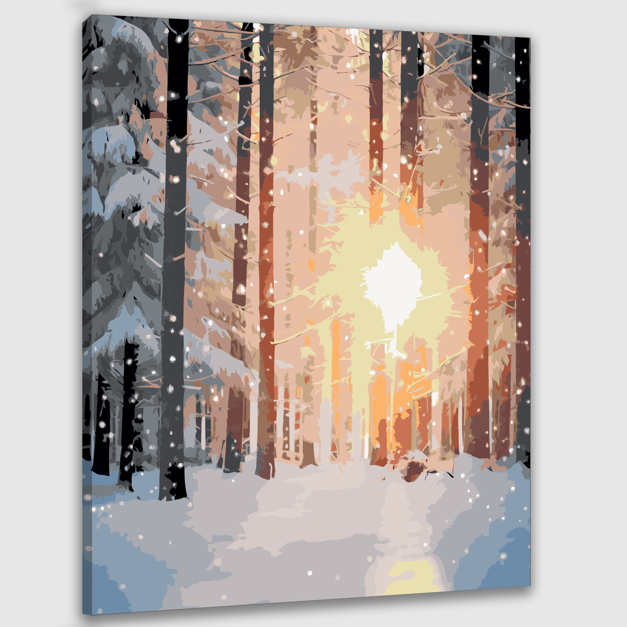 Картина по номерам 40x50 см, заснеженный лес, сумерки, лучи солнца, вечнозеленые деревья, нежные снежинки, чудо