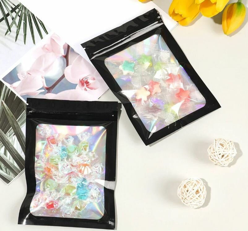 2 шт. Упаковка. Роскошный пакетик с zip замком для упаковки драгоценностей, бижутерии, украшений, подарков, товаров. Цвет глубокий чёрный с окном и голографическим эффектом.