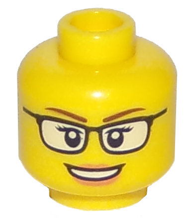 Minifigure, Head Female Black Glasses with White Lenses, Reddish Brown Eyebrows, Nougat Lips, and Open Mouth Smile with Teeth Pattern, 3626pb1567 Yellow U