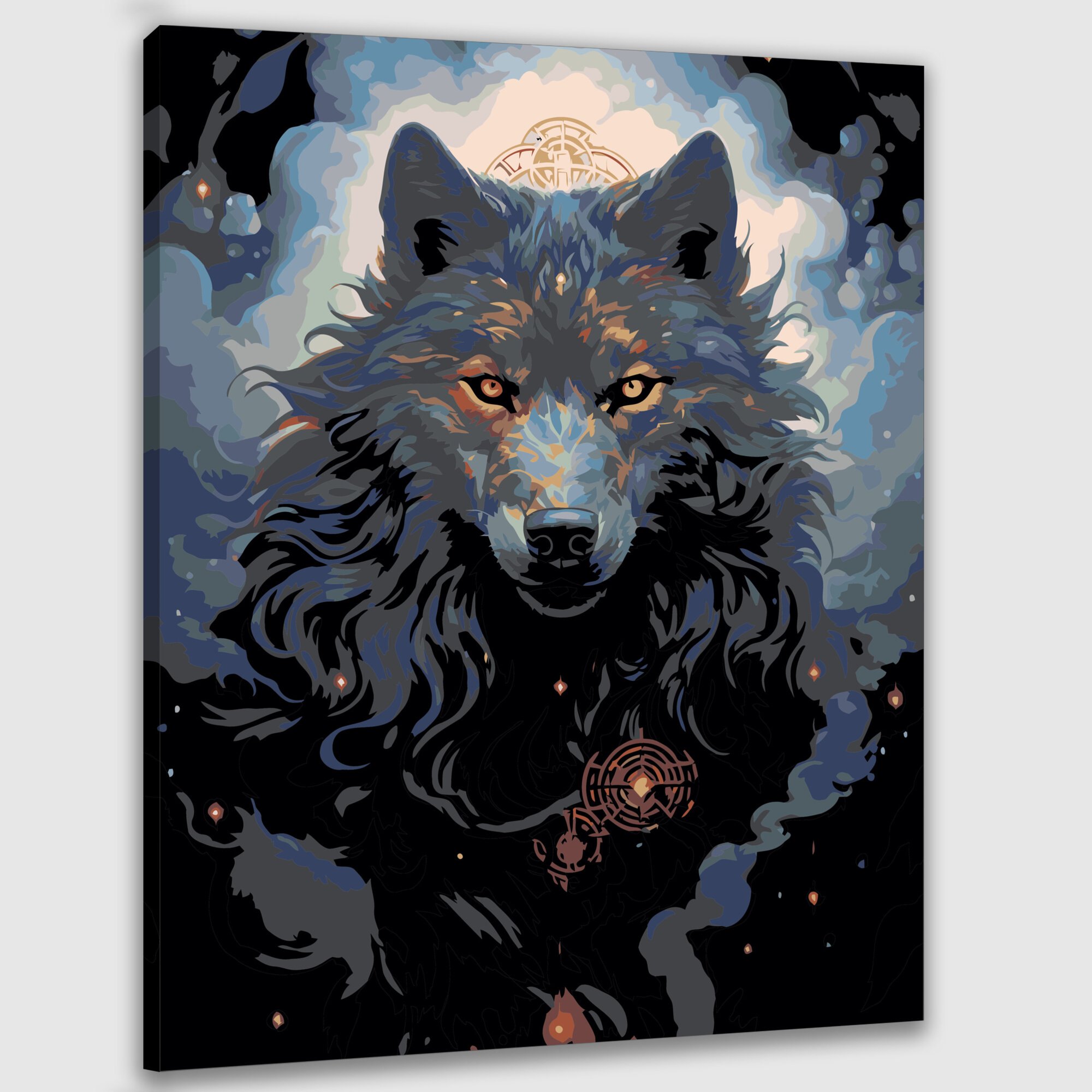 Картина по номерам 40x50 см, масляная картина, волк, узоры, символы, мех, космический фон, звезды, галактики