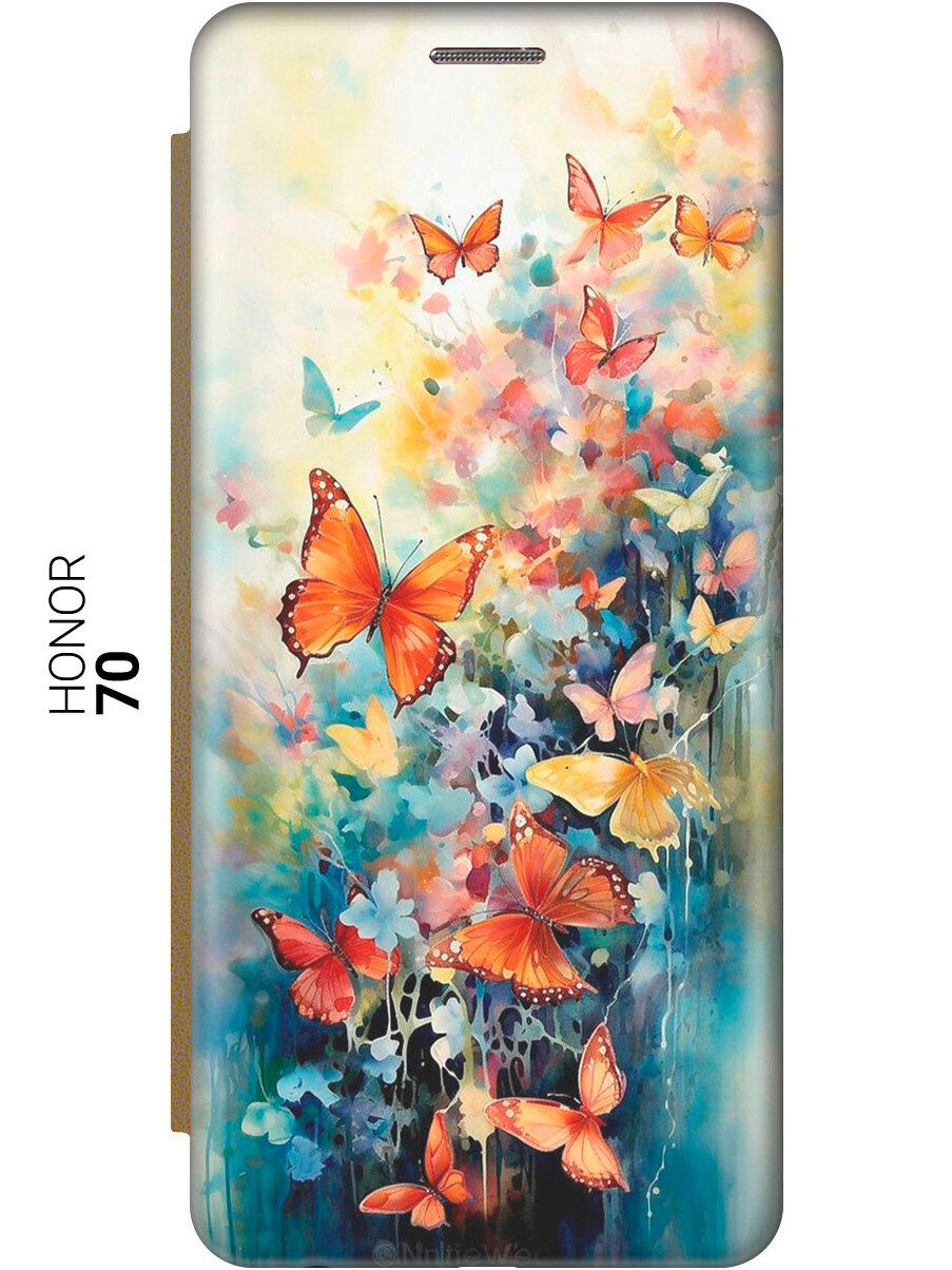 Чехол-книжка на Honor 70 / Хонор 70 с рисунком "Бабочки акварелью" золотой
