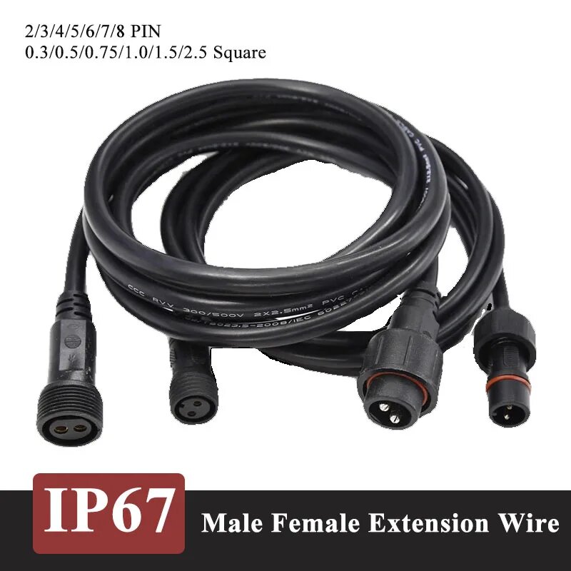 Водонепроницаемый уличный разъем питания Male Female Extension Line 2П, 1M, 0.75 Square