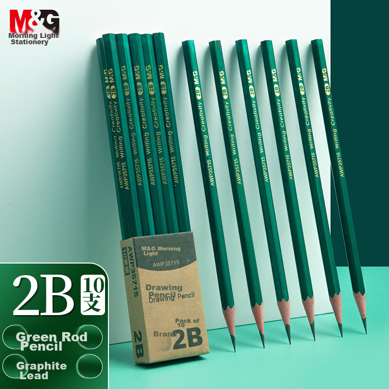 M&G Stationery 2B Pencils 10 Pack, Classic Green Wooden Hexagonal Pencils, Student Exam Marking Cards Writing Art Sketching Drawing Wooden Pencils AWP304A7