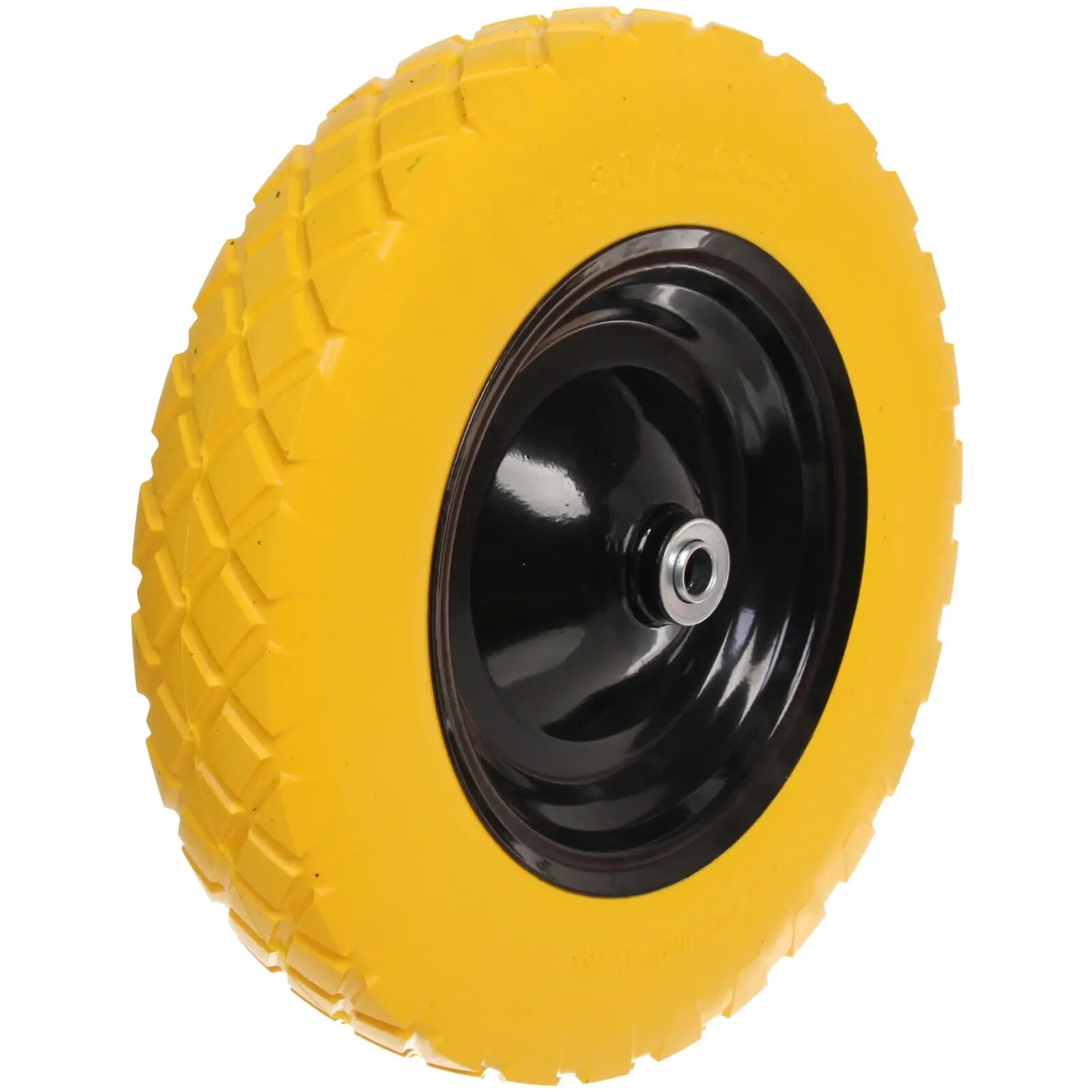 Колесо для тачки 4.00-8 с усиленной осью 16 мм, вспененный полиуретан, устойчивость к проколам, желтый/черный