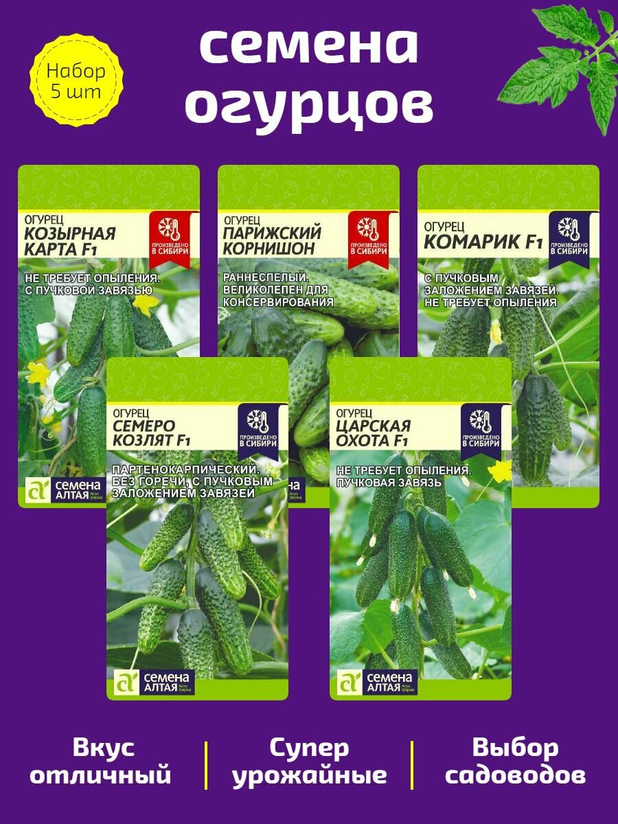 Огурец «Семеро Козлят F1», «Царская Охота F1», «Козырная Карта F1», «Парижский Корнишон», «Комарик F1». Набор семян.