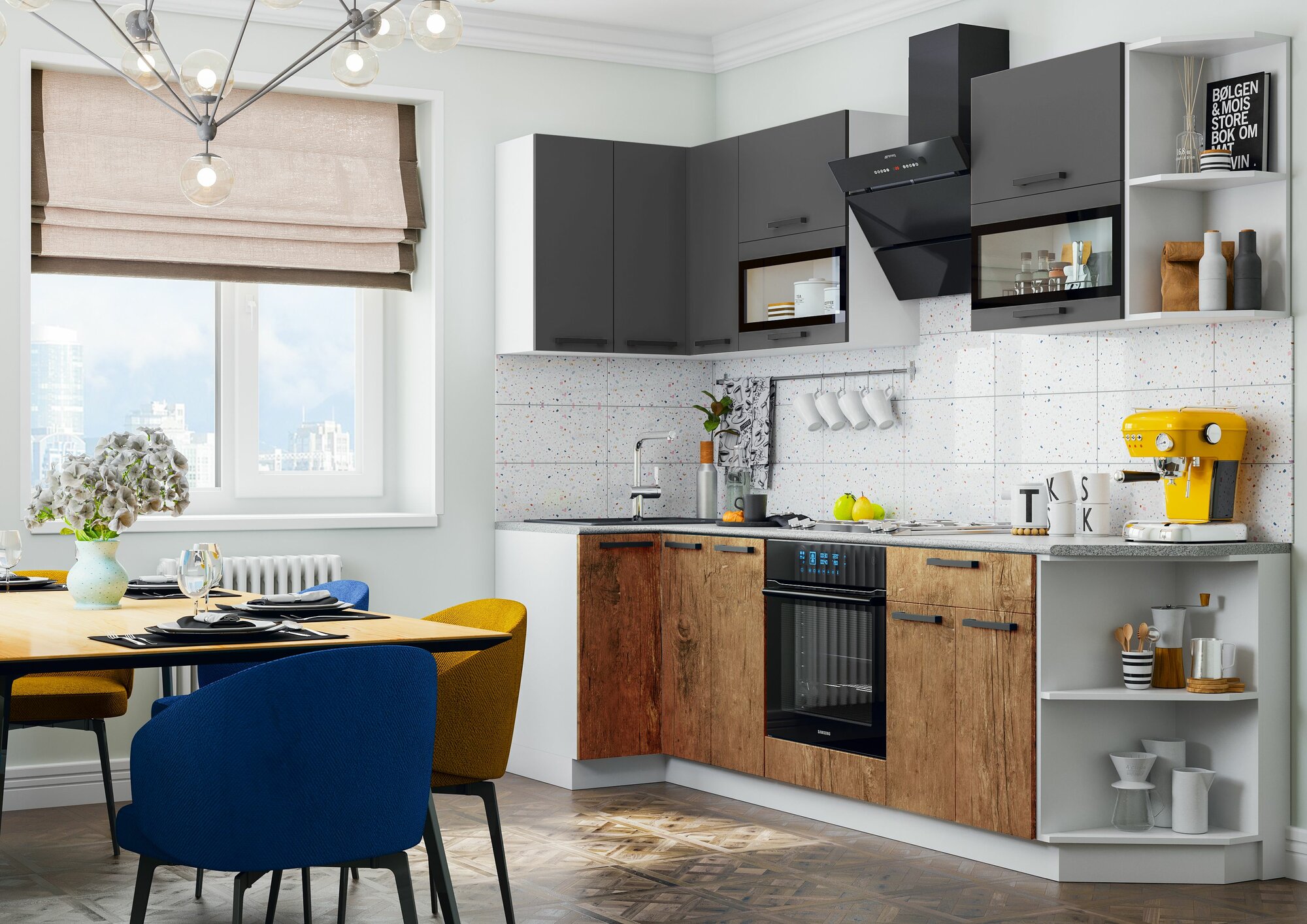 Кухня Техно 0,9*2,7м Компоновка №2 (Графит софт NEW/Экзотическое дерево Амазония (Антарес)) (Миф)