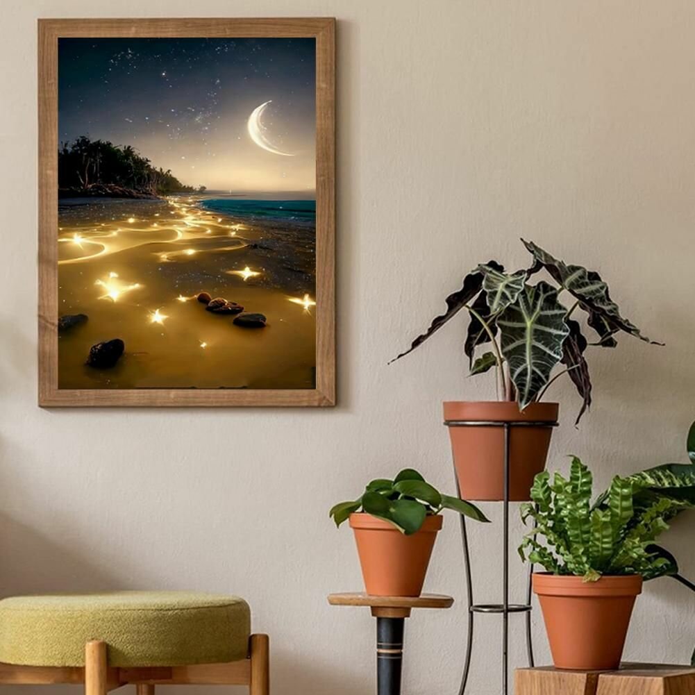 Алмазная мозаика большая картина "Пляжный лунный свет" 30х40 см со светящимся в темноте стразами и 5Д элементами