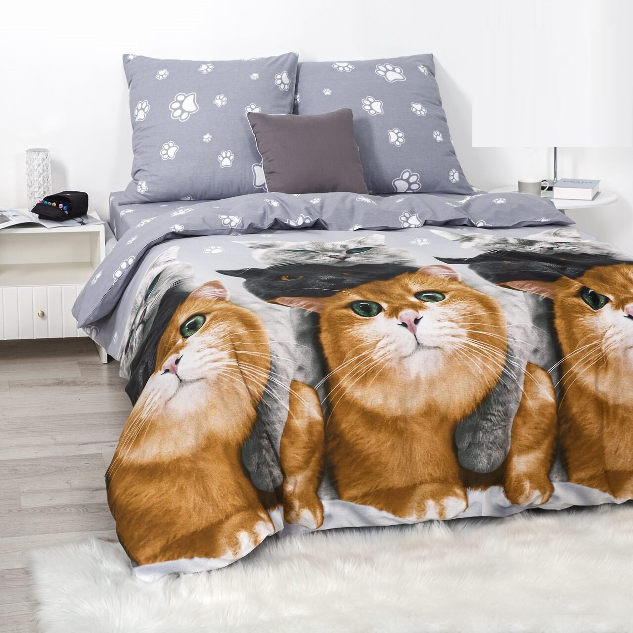 Постельное Белье с Кошками 2-спальное из Поплина «Пушистый патруль арт. 904»