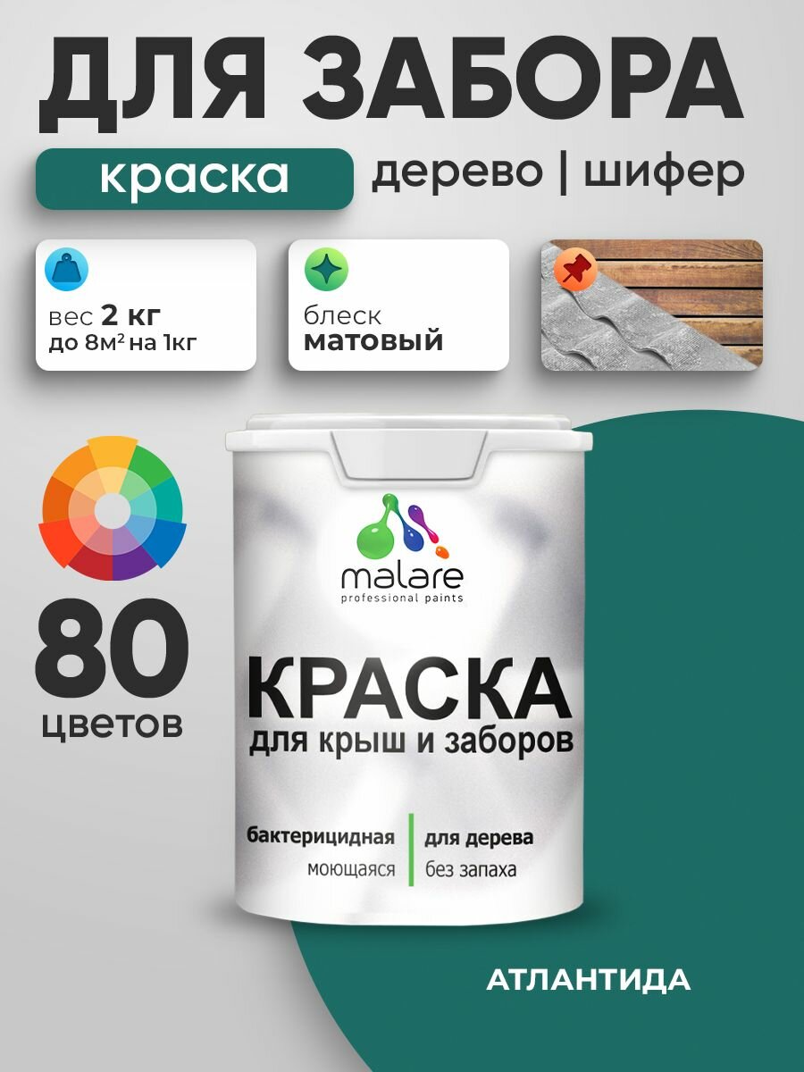 Акриловая краска Malare для деревянного забора/ по дереву для наружных и внутренних работ/ быстросохнущая моющаяся без запаха, матовая, атлантида, 2 кг.