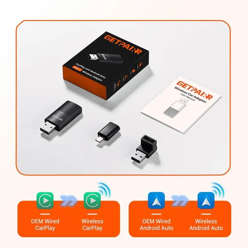 2025 GetPairr A1 Mini Wireless CarPlay Android Auto Adapte 2 в 1, автомобильные аксессуары, автомобильный игровой ключ для iPhone и телефона Android Black