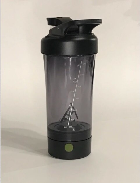 Новый шейкер спортивный с электрическим блендером и подсветкой. Черный / зеленая кнопка.