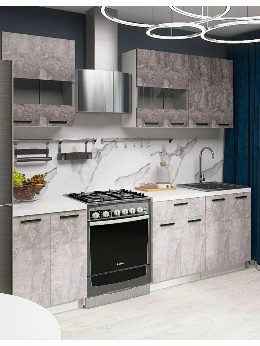 Кухонный гарнитур Урбан 1.8 м, мебель для дома и кухни, Белый / Цемент темный со стеклом / Цемент светлый