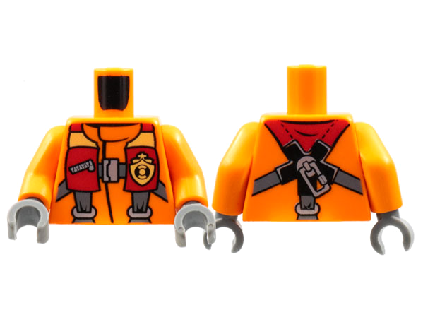 Torso Coast Guard, Jacket with Harness and Yellow Coast Guard Logo Badge Pattern / Orange Arms / Dark Bluish Gray Hands, 973pb1437c01 Orange U
