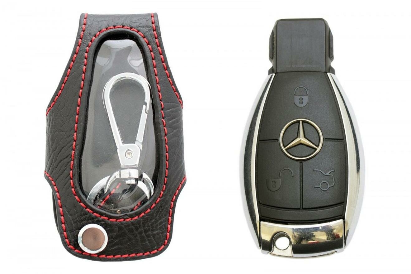 Чехол для автомобильного ключа Mercedes (Мерседес) Цвет Черный Нить Красная
