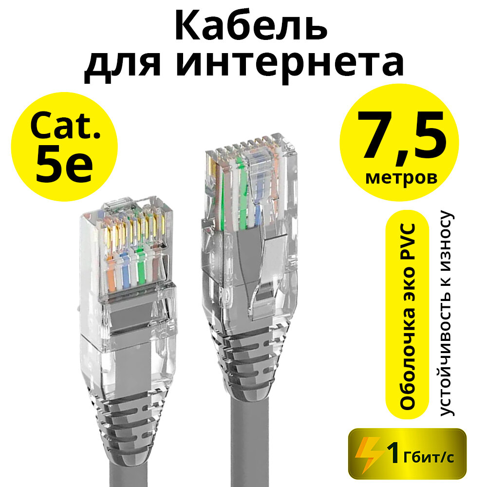 Сетевой LAN кабель CAT5e патч-корд 1 Гбит/с для подключения к интернету RJ-45 (ELS-LNC5001) серый 7.5м