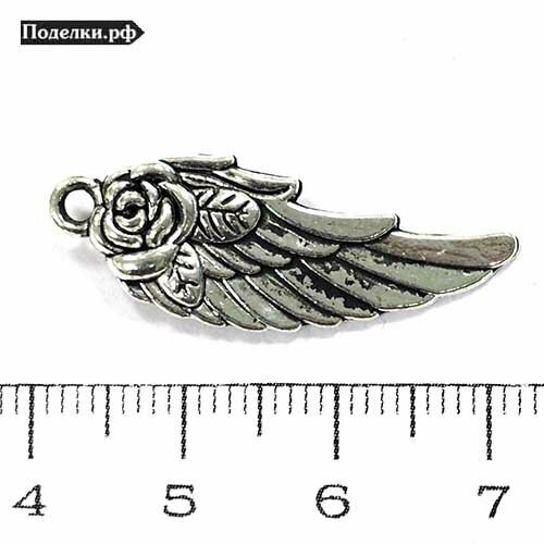 Фурнитура для бижутерии Подвеска Крыло с розой 0008430 серебряный цвет 32x11 мм, цена за 2 шт.
