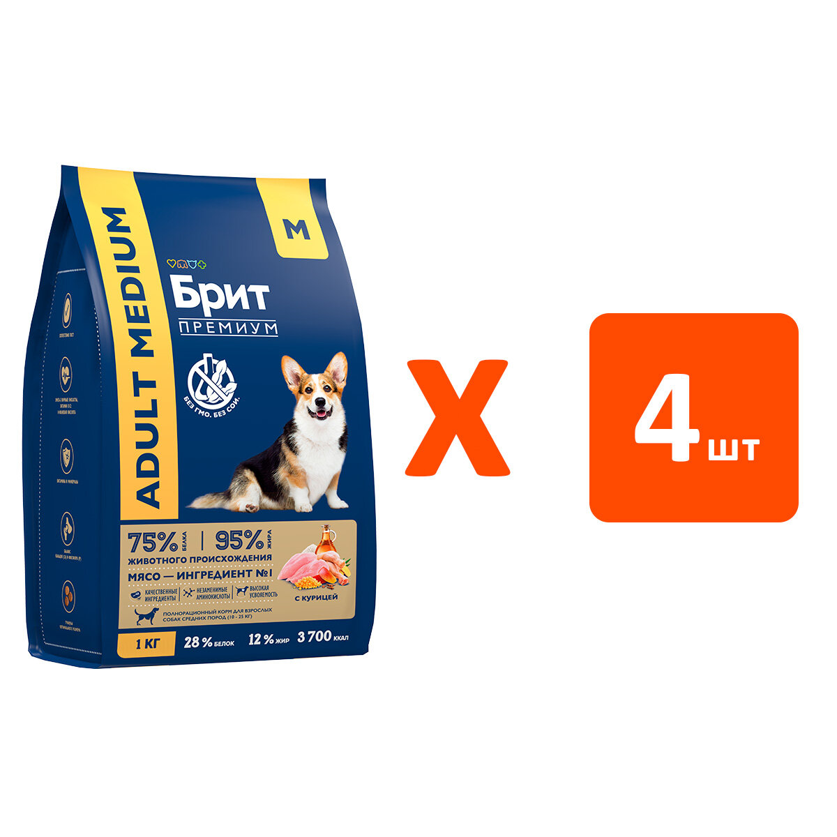 Брит премиум DOG ADULT MEDIUM для взрослых собак средних пород с курицей (1 кг х 4 шт)