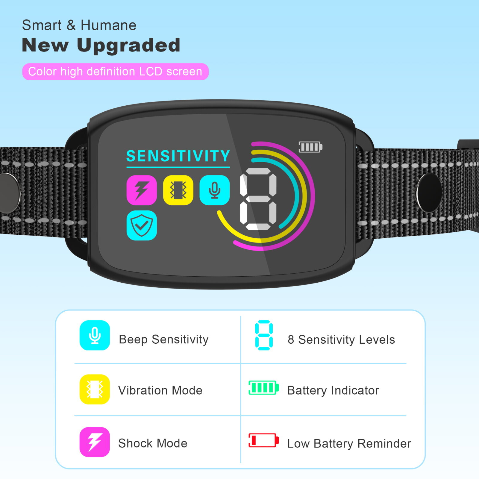 Ошейник с ЖК-экраном, умный перезаряжаемый ошейник против лая с регулируемым режимом, ошейник против лая для маленьких, средних и больших собак