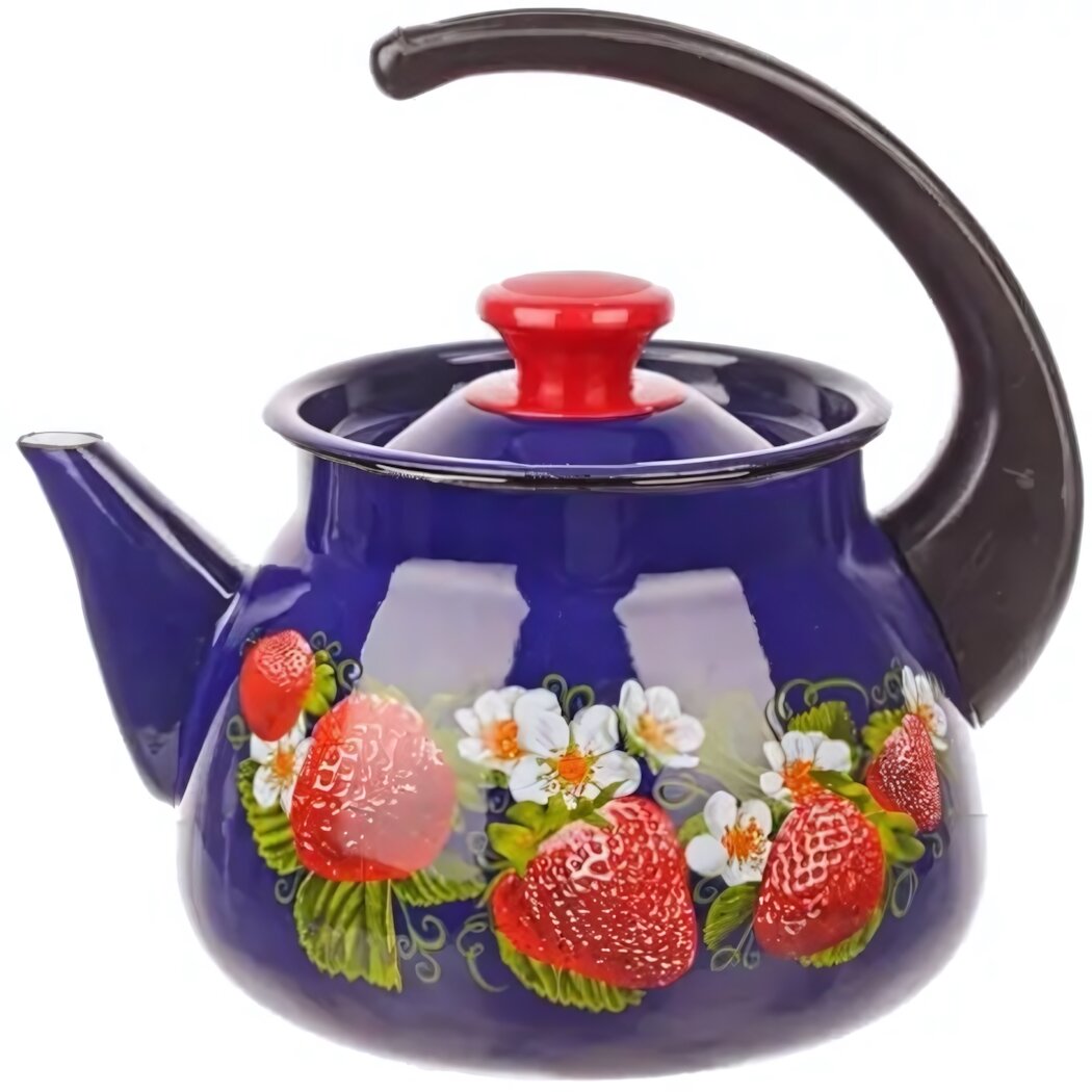 Чайник эмалированный 2л со свистком, сферический, синий, с рисунком ягод