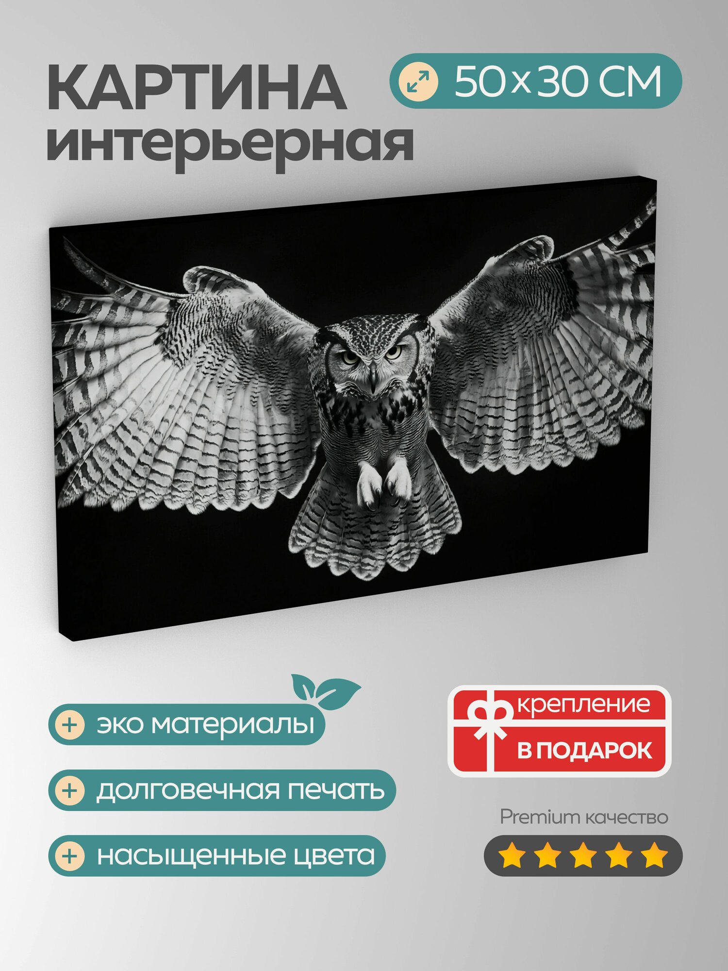 Картина на холсте интерьерная 50х30 см, сова, полет, крылья, перья, текстура, Canon EF 70-200mm, четкость, узоры
