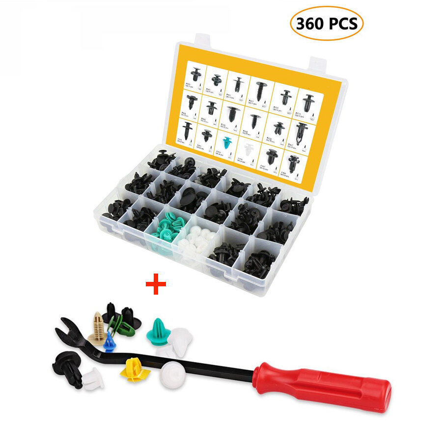 Универсальный набор из 360 шт. автомобильных крепежных элементов, пластиковый ящик, автомобильные дверные бамперы, крылья, уплотнительные ленты, фиксирующие зажимы, с инструментом для ремонта автомобилей длиной 8 дюймов