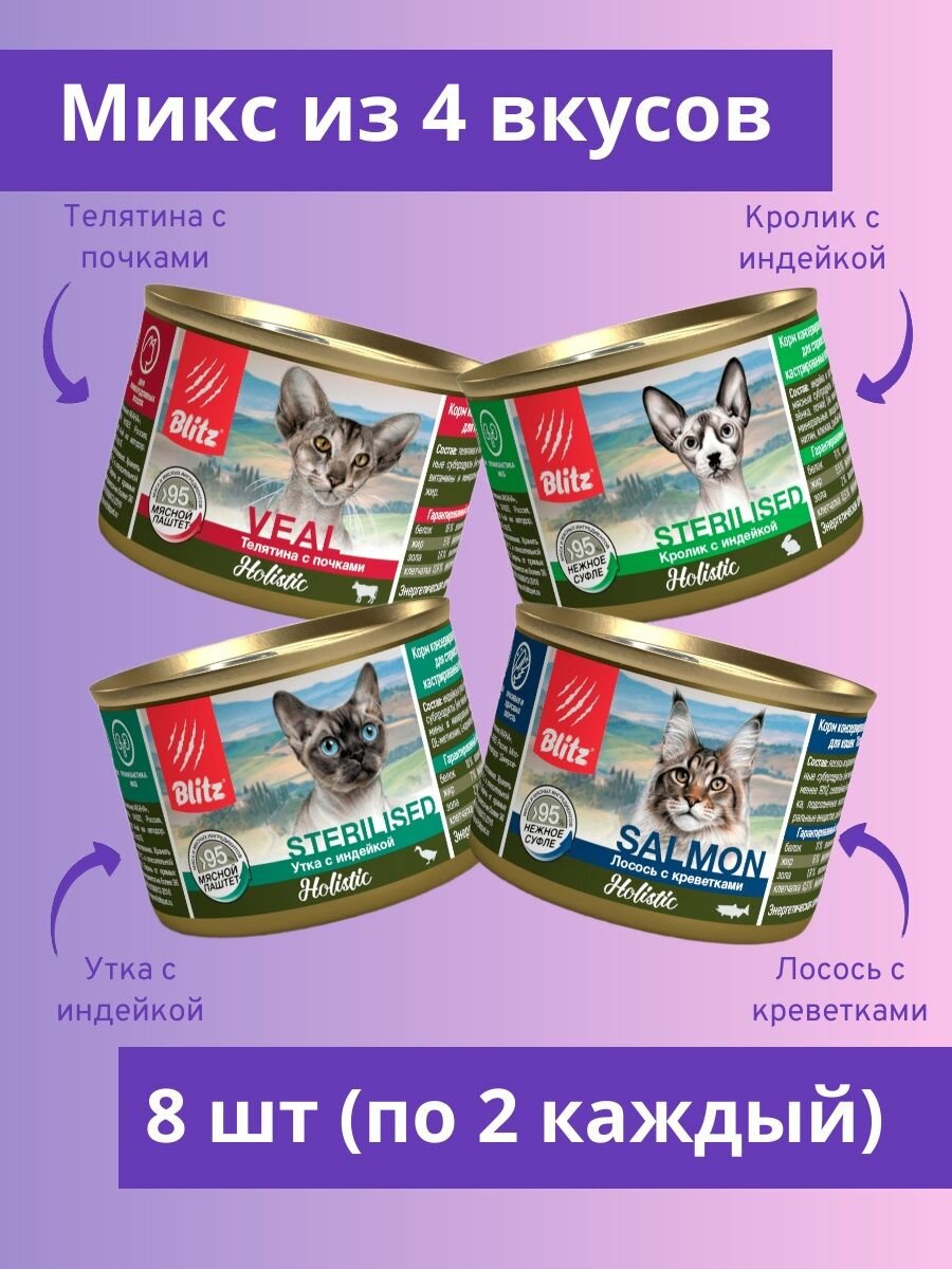 Влажный корм для кошек Blitz Holistic микс из четырёх вкусов консервы 200г*8шт