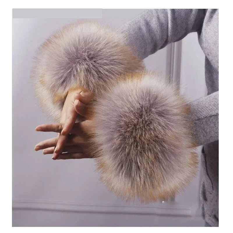 2 шт Женские фальшивые меховые манжеты эластичная меховая рука теплее зимняя пушистый плюшевый ветропроницаемый браслет рукав куртки аксессуары,33,15, искусственный мех,35, серебро, SKU00285
