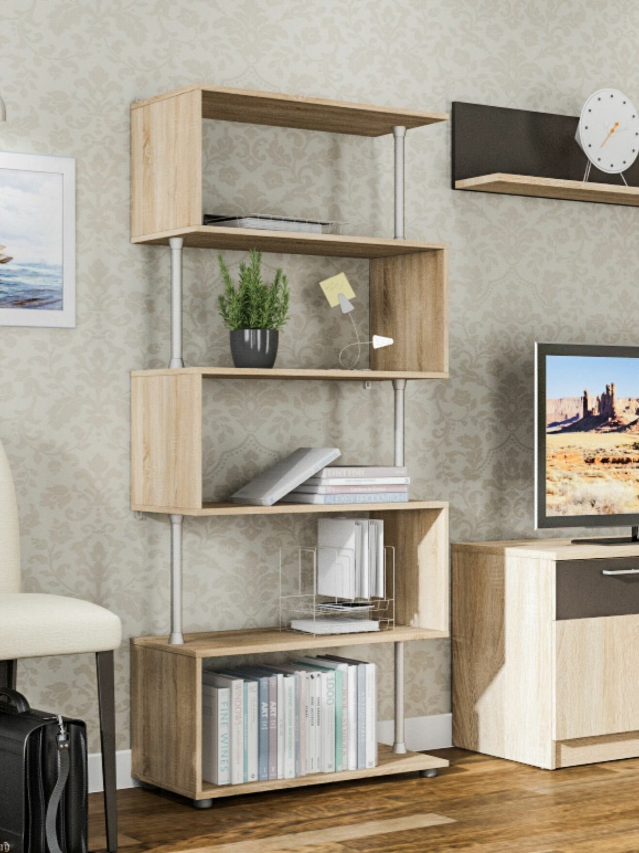 Стеллаж столплит Кито СБ-2163 с полками для хранения, ЛДСП, Дуб Сонома, 79*177*33 см